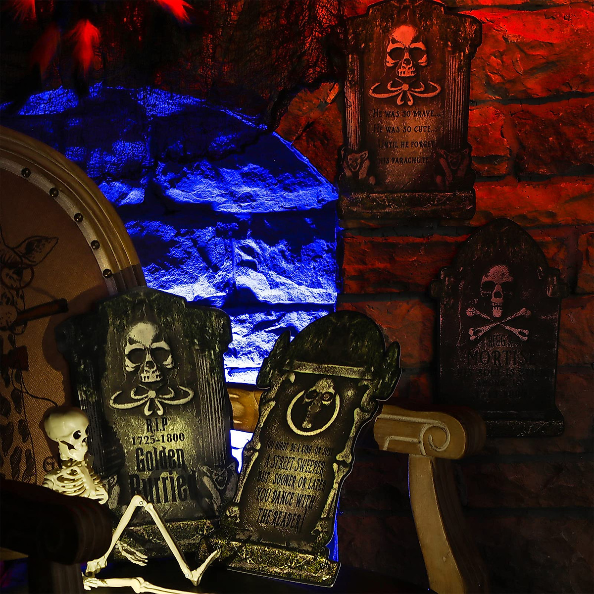 Clabby 9 Pieces Halloween Tombstone Cutouts Halloween Graveyard Tombstone Cutouts Headstone Cutouts with Skeleton and Cross Halloween Party Wall Decorations Halloween Party Haunted Home Supplies