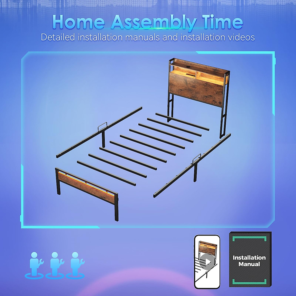 KKL Twin Bed Frames, Storage Headboard with Charging Station, RGB Light Strips, Solid and Stable, Noise Free, No Box Spring Needed, Easy Assembly, Rustic Brown