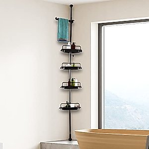 SALMOPH Corner Shower Caddy Tension Pole | Rustproof Shower Caddy Corner Shelf Organizer, 4-Tier Bathroom Shelves, Adjustable from 40-130 inches, Black