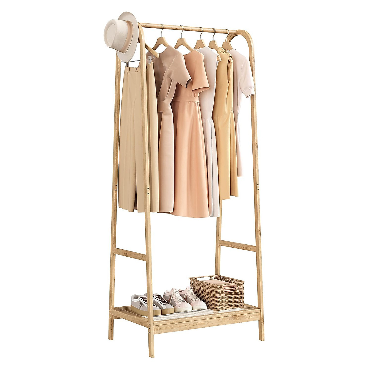 Bamboo Clothes Rack, Freestanding Clothing Rack with Storage Shelf and Hanging Rod, Easy Assemble, Portable Clothes Rack, Wooden Space-Saving Garment Rack Organizer for Entryway, Bedroom, Living Room