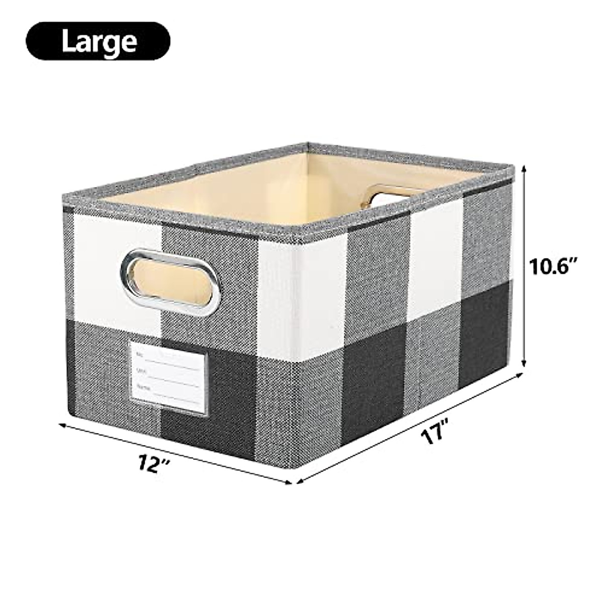 LaMorée Storage Bin Cotton Linen Fabric Basket Box Washable Foldable Decorative Rectangular Container with Handles Label Window Thick PP Plastic Board For Nursery Home Office - Black Plaid, Large Size