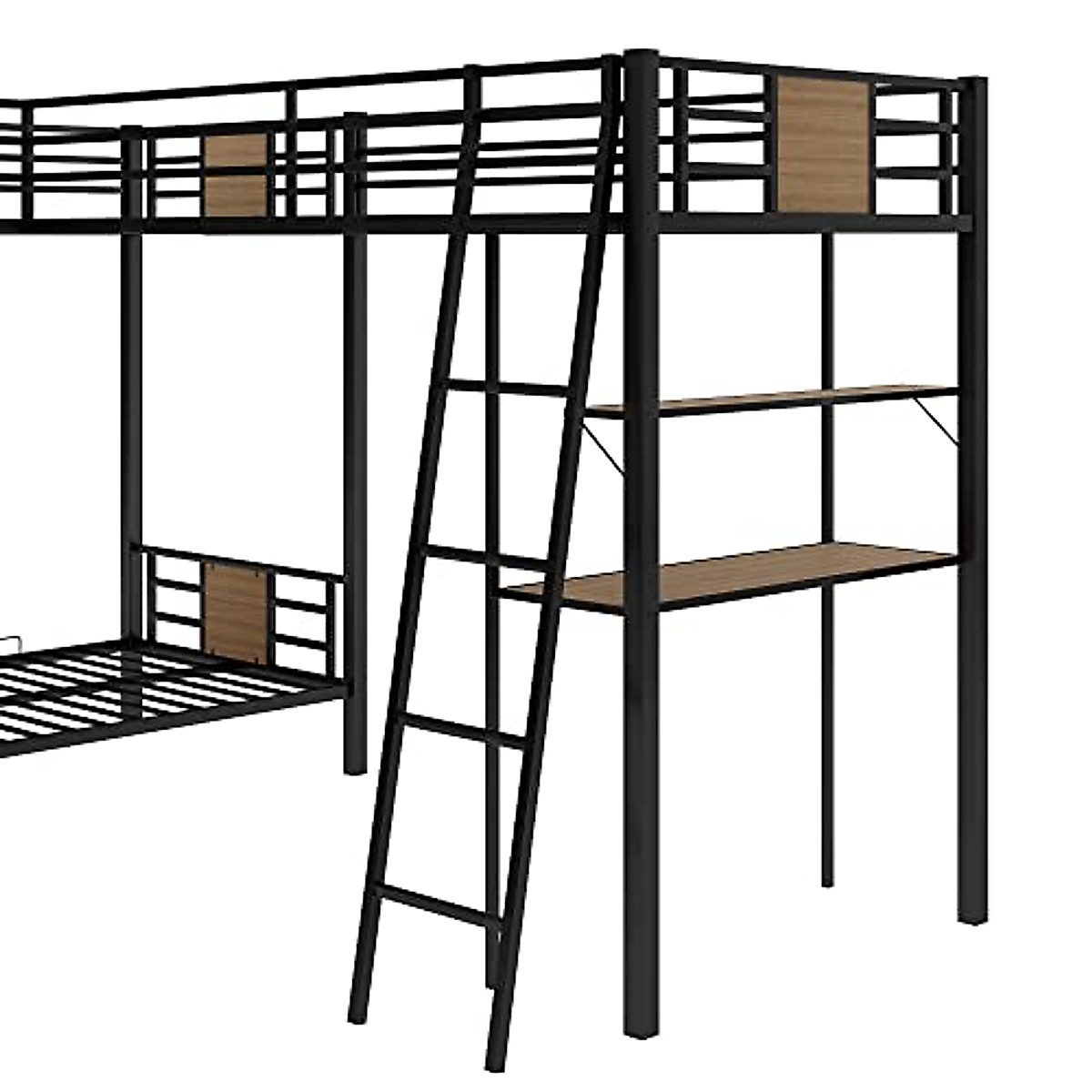 DEYOBED Twin Over Twin L-Shaped Triple Bed Bunk Bed with Loft, Desk, and Shelf - Versatile Sleep and Study Solution for Kids, Teens, and Adults