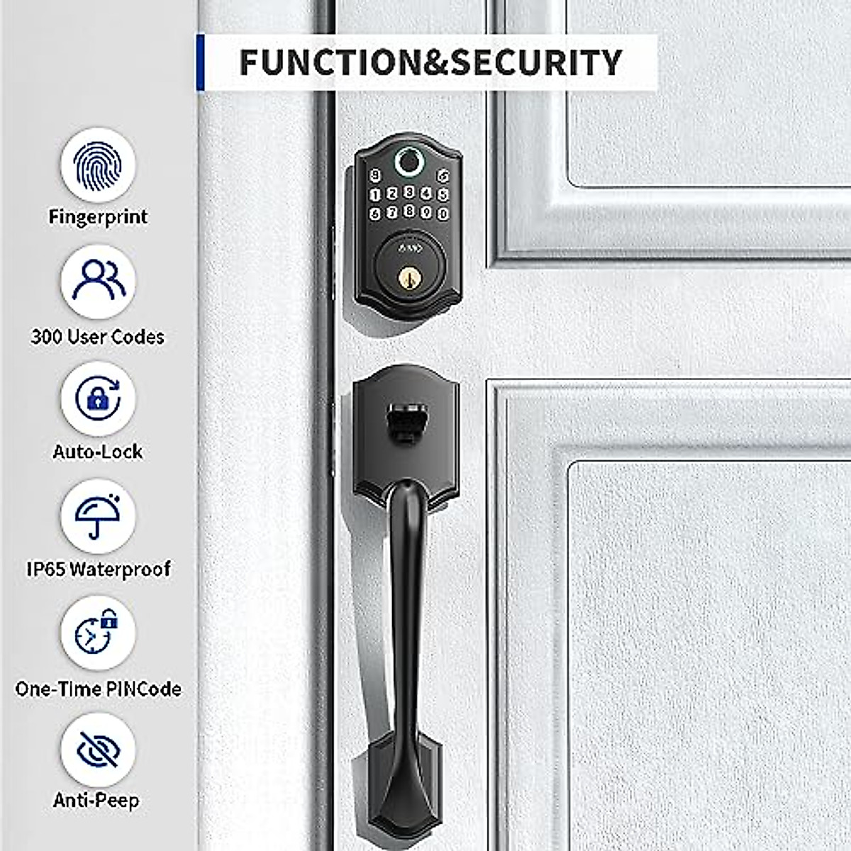 AIMO Fingerprint Door Lock，Keyless Entry Door Lock with Keypad，Full-Metal Electronic Deadbolt，IP65 Waterproof，Auto Lock, Anti Peeking Password, Easy Installation, D1，Matte Black