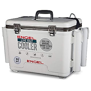 Engel 30qt Live Bait Cooler Box with 2nd Gen 2-Speed Portable Aerator Pump and 4 x Fishing Rod Holder Attachments. Fishing Bait Station and Minnow Bucket in LBC30-RH in White