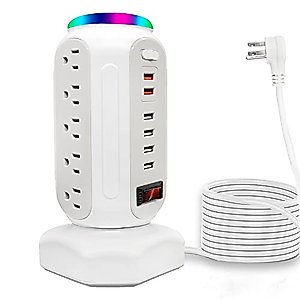Power Strip Tower 15 Outlets 6 USB Ports, Surge Protector with Colorful led Light & USB Fast Charger,Desktop Charging Station with 6.5ft Heavy Duty Extension Cord for Home Office(White)