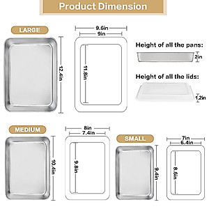 E-far Baking Pan with Lid(12.4/10.4/9.4 inch), Stainless Steel Rectangular Sheet Cake Pans with Cover, Metal Bakeware Sets for Lasagna Casseroles Brownie, Non-toxic & Dishwasher Safe - 3 Pans + 3 Lids
