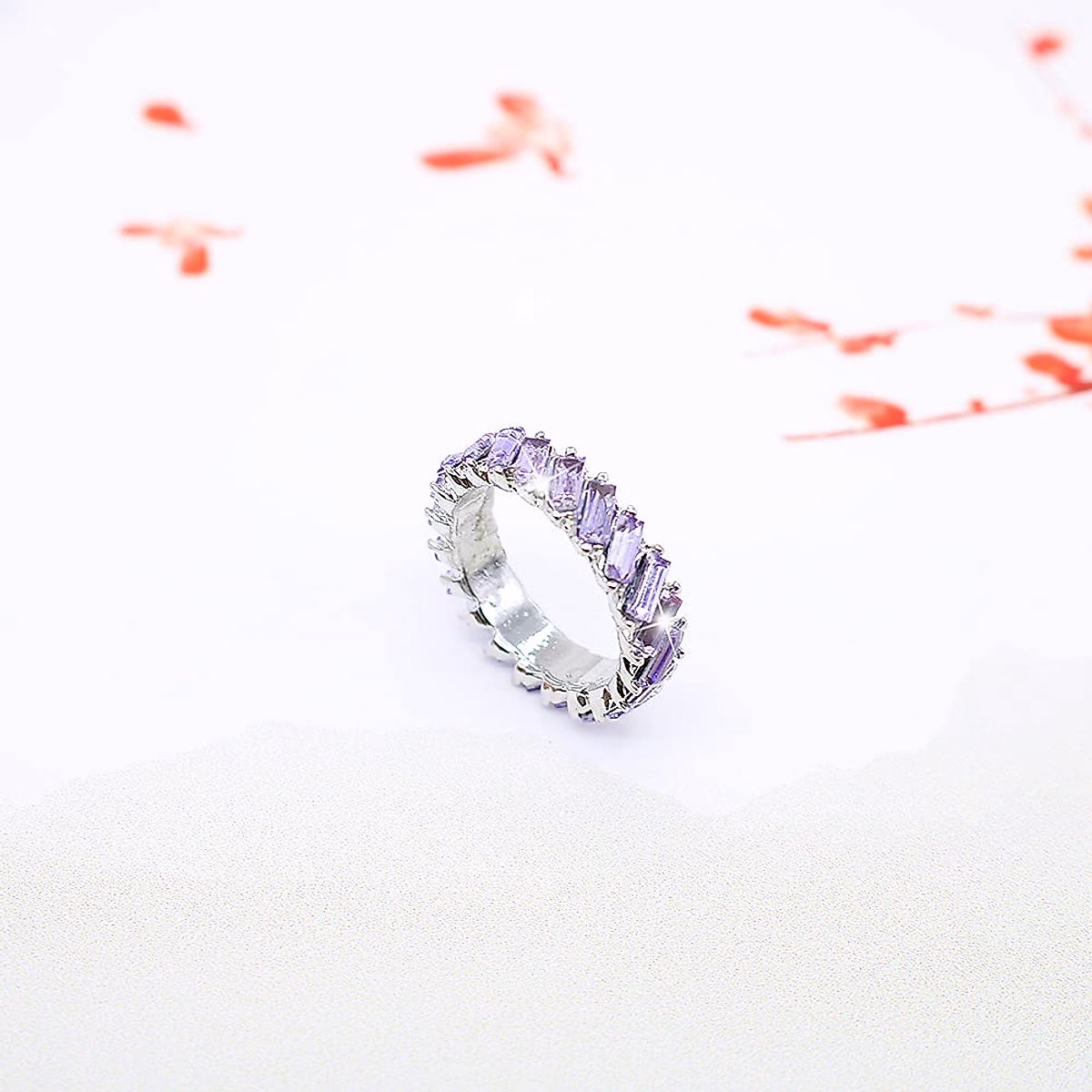 ABJFJE Rainbow Baguette Crystal Band Ring Anniversary Eternity Cubic Zirconia Ring Elegant Wedding Cocktail Rings Fashion Luxury Jewelry for Women