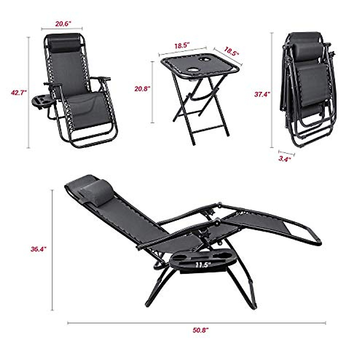 Homall 3 Pcs Zero Gravity Chair Patio Folding Recliner Outdoor Chaise Lounge Chairs Portable Reclining Chair Set with Side Table (Black)