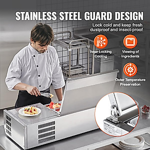 VEVOR, 130 W Countertop Refrigerated Condiment Station, with 1 1/3 4 1/6 Pans, 304 Body and PC Lid, Sandwich Prep Table Guard, ETL, Stainless 40in, Silver