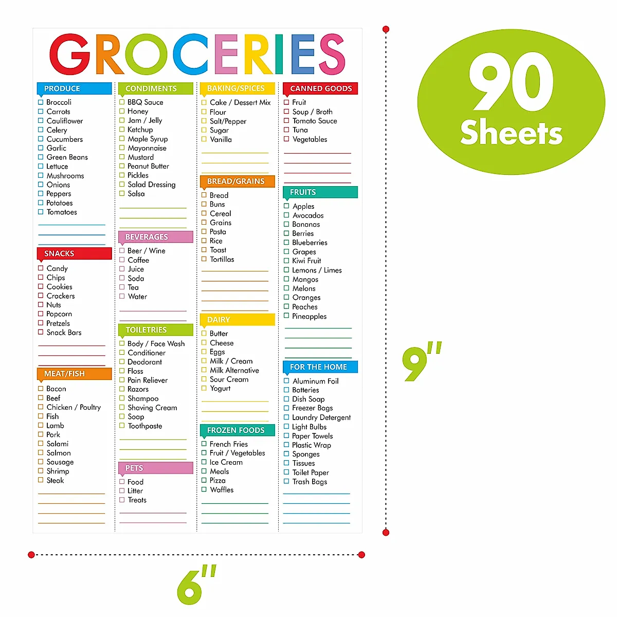 90 Sheets Fastcheck Grocery List Magnet Pad, 110 Printed Common Food for Fridge and Blank Grocery Shopping Spaces for Home. Size 6”x 9”