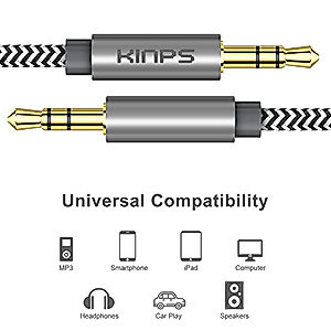 KINPS Auxiliary Audio Cable 3.5mm Aux Cord Stereo Jack Male to Male Aux Cable for Phones, Headphones, Speakers, Tablets, PCs, MP3 Players and More (10FT/3M, Gray)