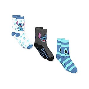 Disney Lilo & Stitch Women's 3 pack Crew Socks (Large (9-11), Stitch White/Blue)