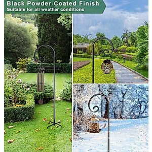 Koutemie 60 Inch Outdoor Shepherd Hook for Hanging Plant, Adjustable Heavy Duty Bird Feeder Pole with 5 Prong Base for Solar Lanterns, Black & 2 Packs