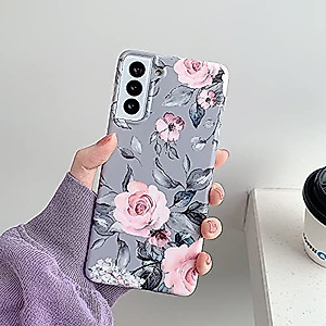 YeLoveHaw Phone Case Designed for Samsung Galaxy S21 5G for Women Girls, Soft Slim Full-around Protective Cute Cover, Floral Purple Gray Leaves Pattern, Compatible with SamsungS21 6.2'' (Pink Flowers)