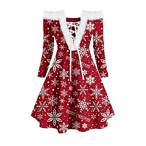 HHoo88 Womens Christmas Dress Off Shoulder Cocktail Party Swing Dress Long Sleeve Funny Christmas Graphic Print Party Dresses