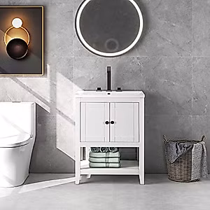 Merax 24 Inch Bathroom Vanity with Ceramic Sink Set Combo, Cabinet with Drawer and Doors, Solid Wood Frame with Painted Finish, Modern Style, White