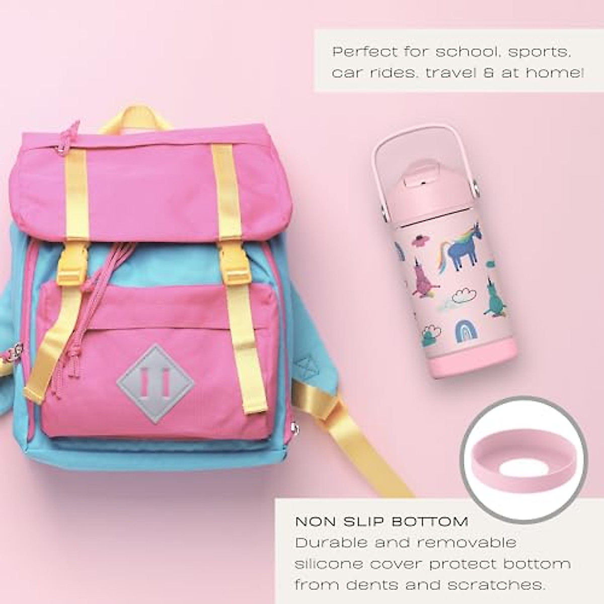 Hippypotamus Kids Water Bottle - Vacuum Insulated Stainless Steel Thermos Bottle With Straw Lid & Soft Spout For Toddlers & Kids - 12 oz (Pink Unicorn)