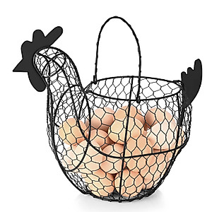 Flexzion Chicken Egg Holder, Small Wire Egg Collecting Basket with Handle for Farm Eggs, Fruits, Vegetables, Metal Wire Chicken Basket Decor for Kitchen, Countertop, Farmhouse Rustic Style, Brown