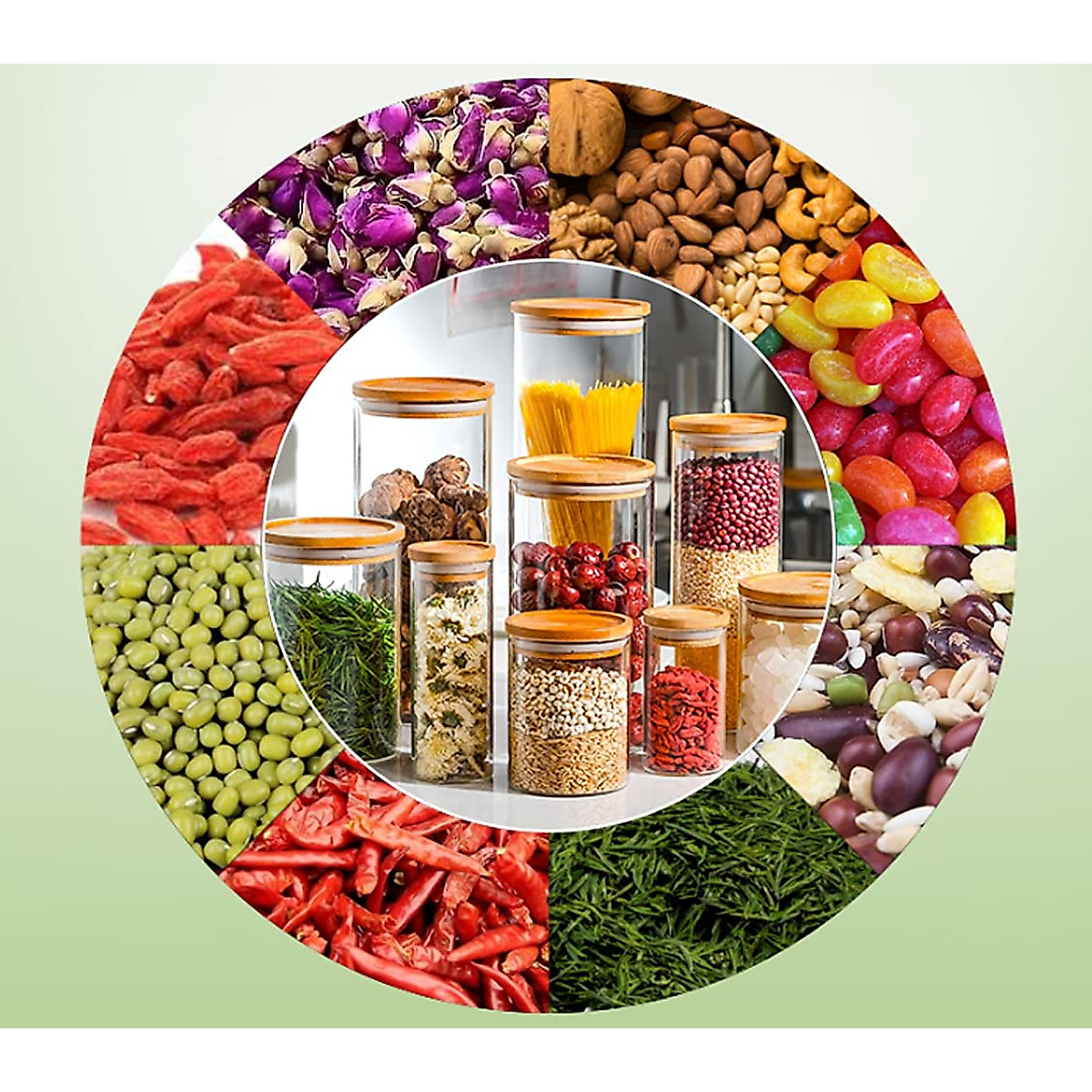 vipolish 2 PCS Transparent Glass Storage Jars with Airtight Bamboo Lids Kitchen Canisters Food Tea Storage Containers for Coffee Beans Grain Cookies Flower Tea Sugar Nuts