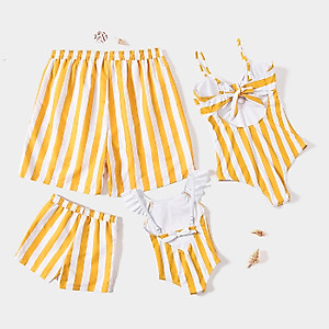 IFFEI Family Matching Swimsuits Mens Swim Trunks Striped Bathing Suit Hollow Out Mommy and Me Swimwear Beachwear Yellow Men: M