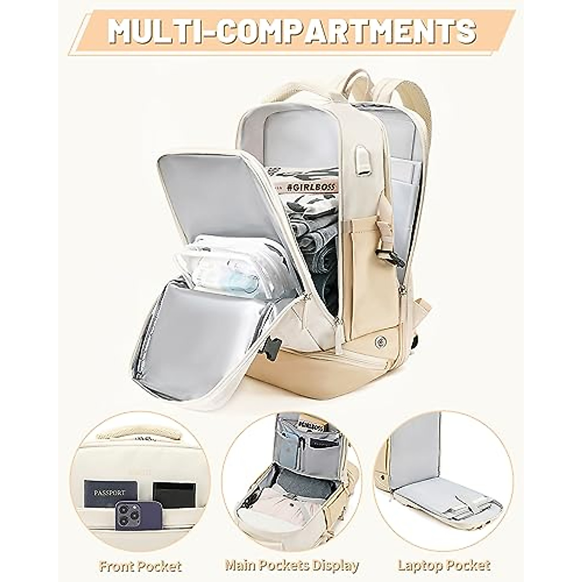 ZOMFELT Travel Backpack for Women, Flight Approved Carry on Backpack with Shoes Compartment & Wet Pocket, Water Resistant 17inch Laptop Bag with USB Charging Port for College Weekender Hiking Trip