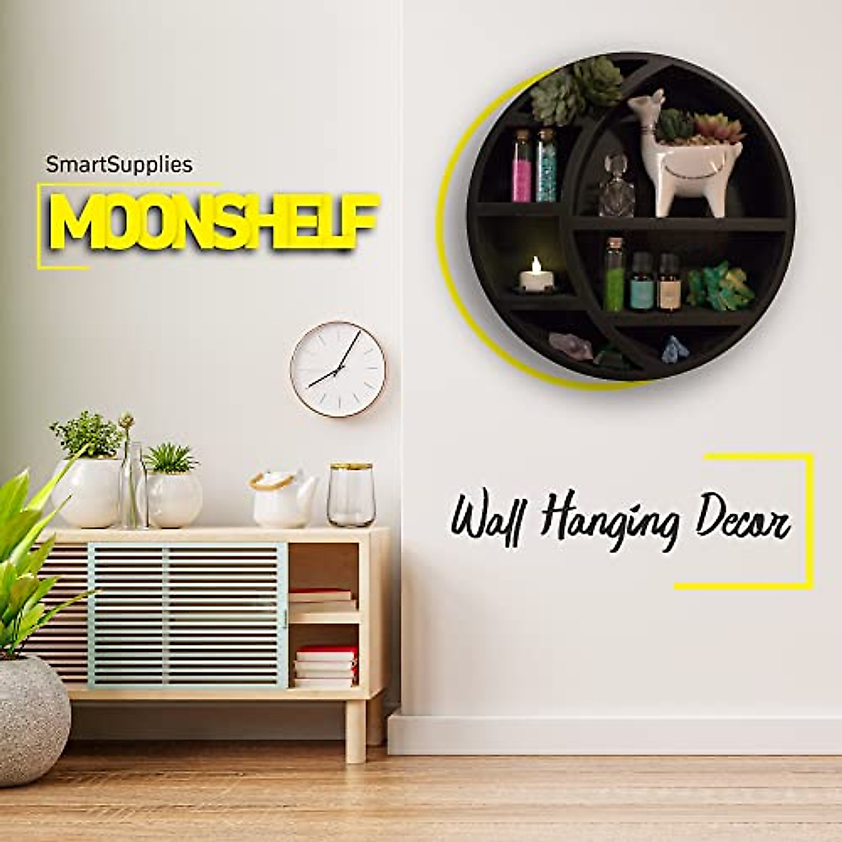 SMART SUPPLIES Crescent Moon Shelf for Crystals Stone, Plants and Art | Rock Display Shelf | Hanging Wooden Shelf for Essential Oils and Decor, Cute Moon Decor for Bedroom