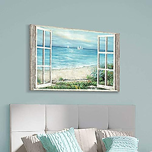 ARTISTIC PATH Window Picture Seascape Wall Art: Sailboat Beach Scene Artwork Painting on Canvas for Office (45" W x 30" H,Multi-Sized)