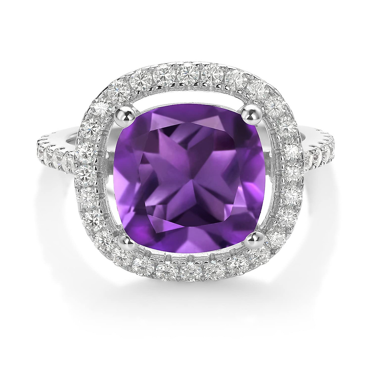 Gem Stone King 925 Sterling Silver 10MM Cushion Cut Gemstone Birthstone and White Moissanite Engagement Ring | Wedding Anniversary Promise Ring For Women | Ring Size 5-9