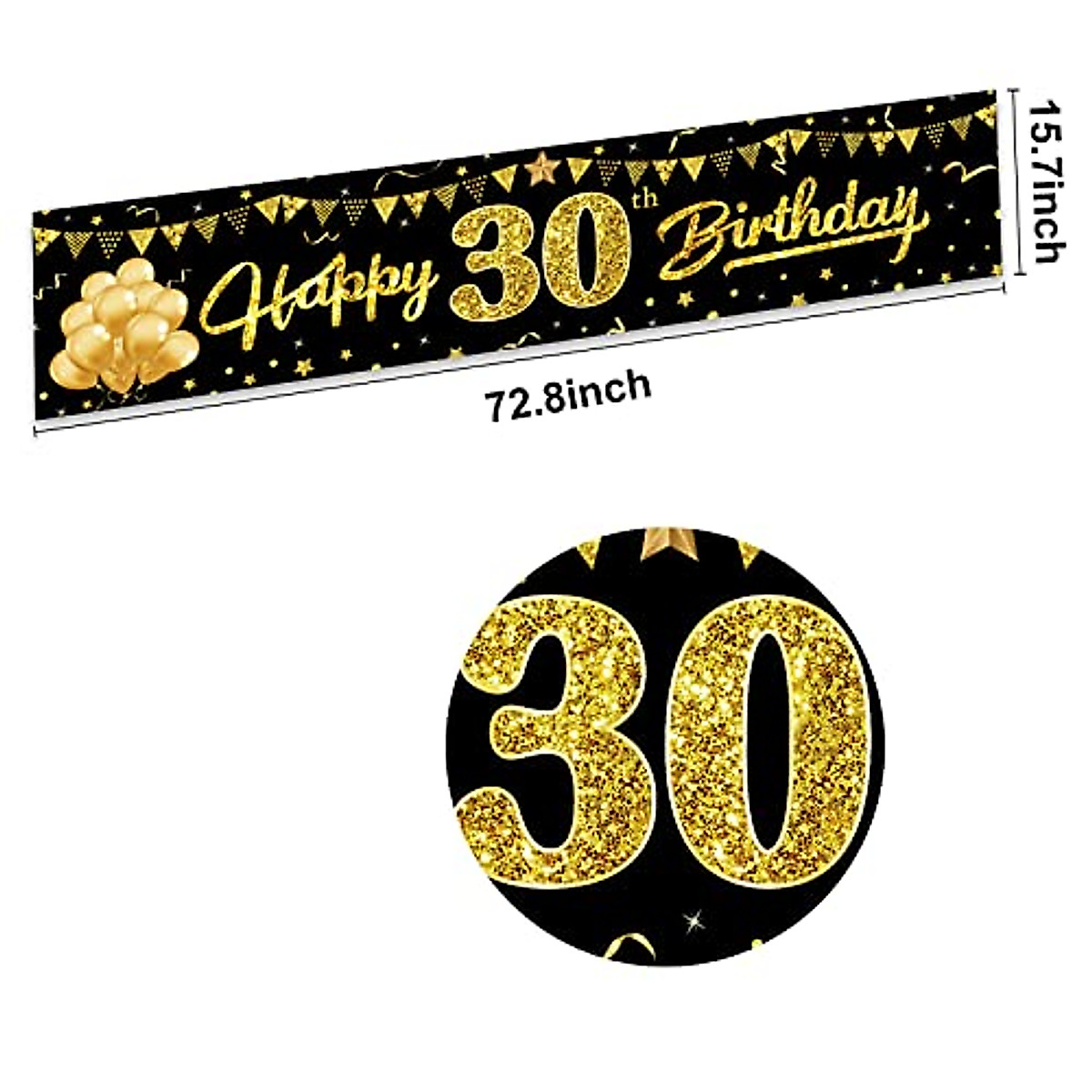 Happy 30th Birthday Banner Decorations for Him, Thirty Birthday Sign Party Supplies for Men Women, Black Gold 30 Birthday Party Decor Outdoor Indoor