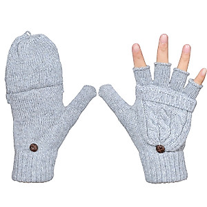 Beurlike Women's Winter Gloves Warm Wool Knitted Convertible Fingerless Mittens (Gray)