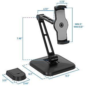 Mount-It! Adjustable iPad Wall and Counter Mount [Fits Screens 4.7" to 12.9"] 360 Degree Full Motion Rotation and Swivel Desktop Tablet and Phone Stand, Large Base, Holder Cabinet (Black)