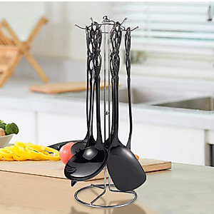 Black Stainless Steel Cooking Utensils Set Heat Resistant Kitchen Utensils Set Includes Colander, BBQ Fork, Pasta Scoop, Soup Spoon, Pointed Spoon, Spoon, Metal Kitchen Tool