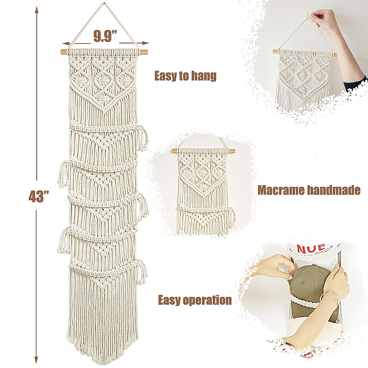 Boho Baseball Cap Hanger-1 Pack-Macrame Hat Organizer for Ball Caps Holder Over Door, Hat Rack for Wall, Cap Rack for Decoration and Display, Boho Handmade Cap Display