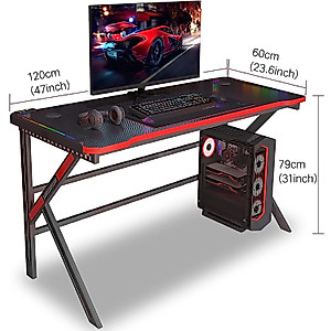 Arespark Gaming Desk with LED Lights, 47in Ergonomic Home Office Tables PC Study Desks, K-Shaped Carbon Fiber Surface Computer Desk Gamer Table Christmas Day Gamer Gift (47 Inch)