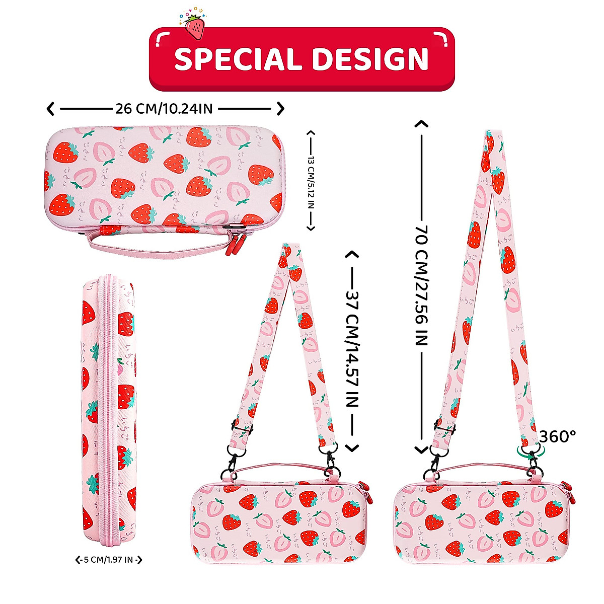 FANPL Cute Carry Case Bundle for Nintendo Switch OLED 2021, Cover Accessories Set with Pink Strawberry Travel Bag, Glitter Strawberry PC Shell, Adjustable Shoulder Strap, Thumb Grips, Screen Protector