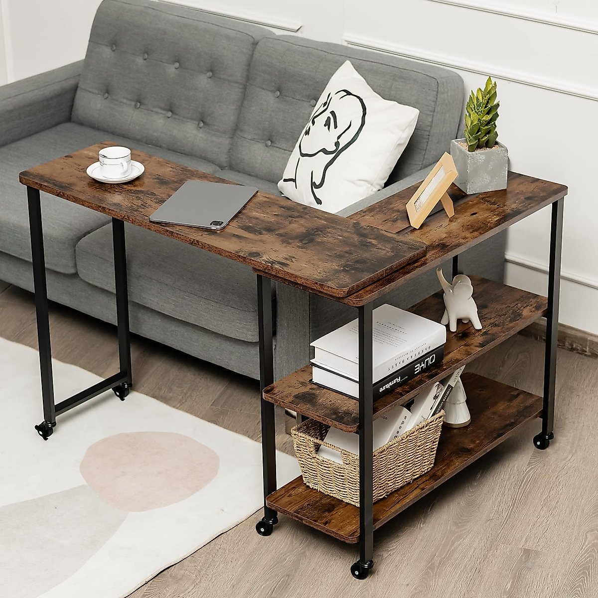 Tangkula Large 360° Free Rotating Sofa Side Table, Patented Mobile Couch Desk with 2-Tier Storage Shelves, Movable Laptop Table with Sturdy Metal Frame, Couch Table Snack Table for Home Office