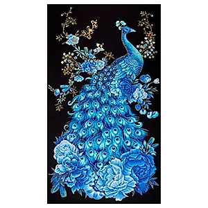 Timeless Treasures Metallic Royal Plume Peacock 24in Panel Black Fabric