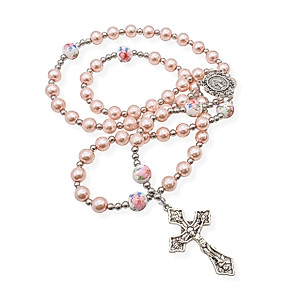 Nazareth Store Flowers Beads Rosary Necklace Crystallized Glass Pearl Beaded Rosary Miraculous Medal and Crucifix (Pink)