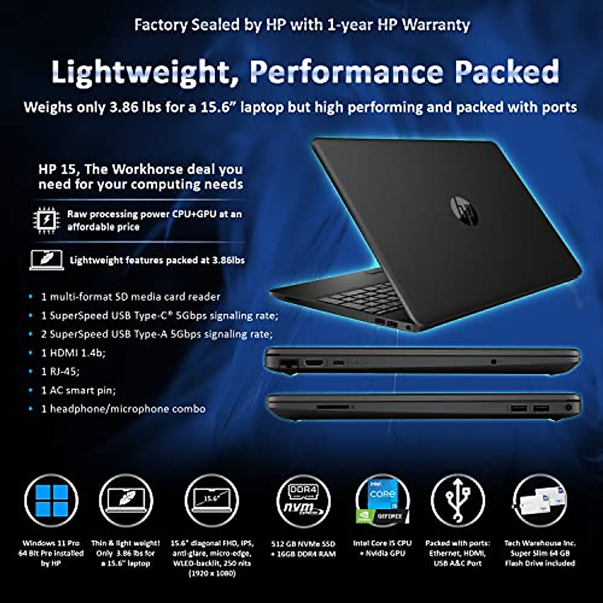 HP 15 Laptop 2022 Intel Core i5-1135G7, Nvidia MX350 2GB, 512GB NVMe SSD, 16GB RAM, Win 11 Pro, 15.6" FHD(non-touch), Jet Black, light weight 3.86lbs, long battery life, 64GB Tech Warehouse Flashdrive