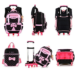 MITOWERMI Rolling Backpack for Girls Trolley School Bags Cute Bowknot Girls Backpack with Wheels Carry-on Travel Luggage with Handbag Toddler Elementary Princess Bookbags