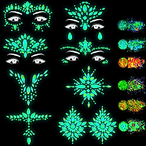 14 Sheets Glow in The Dark Face Jewels Body Gems and Chunky Glitter Noctilucent Halloween Party Makeup Self Adhesive Luminous Face Rhinestone Tattoo Stickers