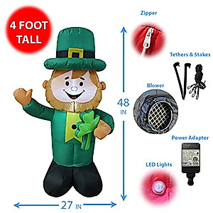 4 Foot Tall Saint Patrick's Day Inflatable Green Leprechaun Holding Shamrock Pre-Lit LED Lights Cute Lucky Outdoor Indoor Holiday Blow up Lighted Yard Decoration