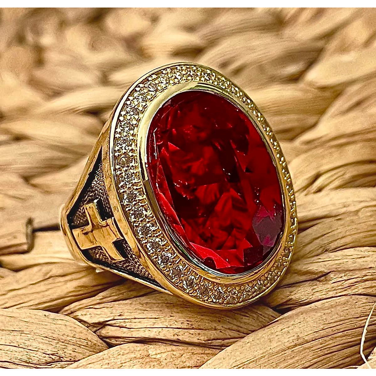 HKN1682 Designs Ruby Red Cubic Zirconia 14k Gold Plated Bishop Cross and Midre Ring Size 13