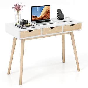 Tangkula Mid Century Desk with 3 Drawers, Home Office Writing Desk, Wooden Laptop Study Desk with Solid Rubber Wood Legs, Computer Workstation, Makeup Vanity Desk for Bedroom