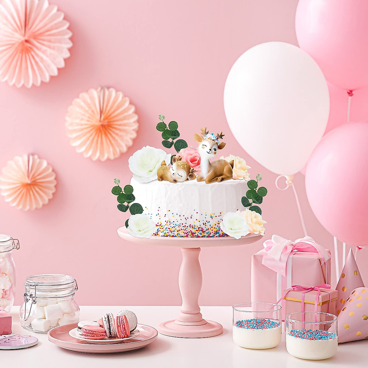 12 Pcs Deer Cake Toppers Deer Figurines Woodland Cake Toppers Baby Shower Deer Cake Topper Oh Deer Cake Topper Baby Girl Woodland Baby Shower Decorations Boho Cake Decorations (Elegant Style)