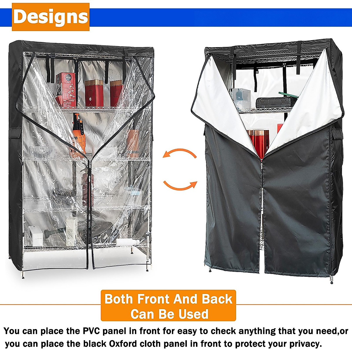 Dalema Waterproof Shelf Cover,600D Heavy Duty Dustproof Storage Wire Rack Covers,Outdoor Shelving Covers for Wire Shelves with Zipper 24''x14''x72'',Clear Front.