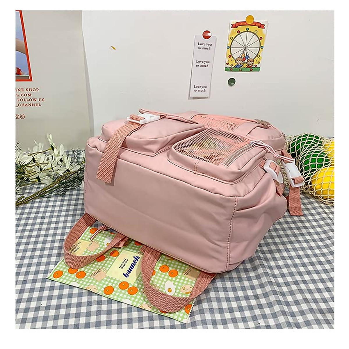 Kawaii Backpack with Pins and Pendant Accessories Cute College High School Backpack Laptop Bookbags for Teens Girls (Pink)