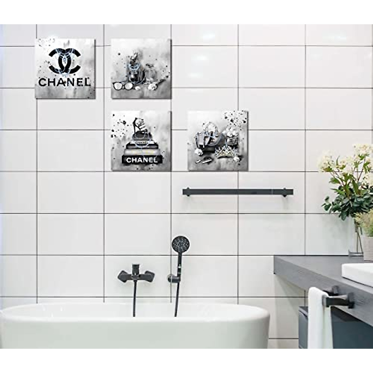 Meetdeceny Fashion Wall-Art For Bedroom Women - Black And White Bathroom Decor Wall Art - Fashion Book Stack Grey Painting Canvas Artwork Size 10"x10" 4 Pieces Ready To Hang