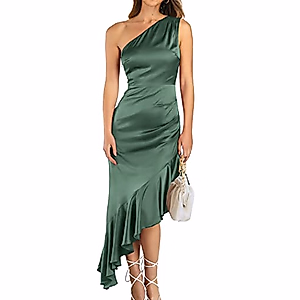 PRETTYGARDEN Women's 2023 Casual Summer Dress One Shoulder Sleeveless Ruffle Hem Wedding Guest Ruched Bodycon Maxi Dresses (Army Green,Medium)