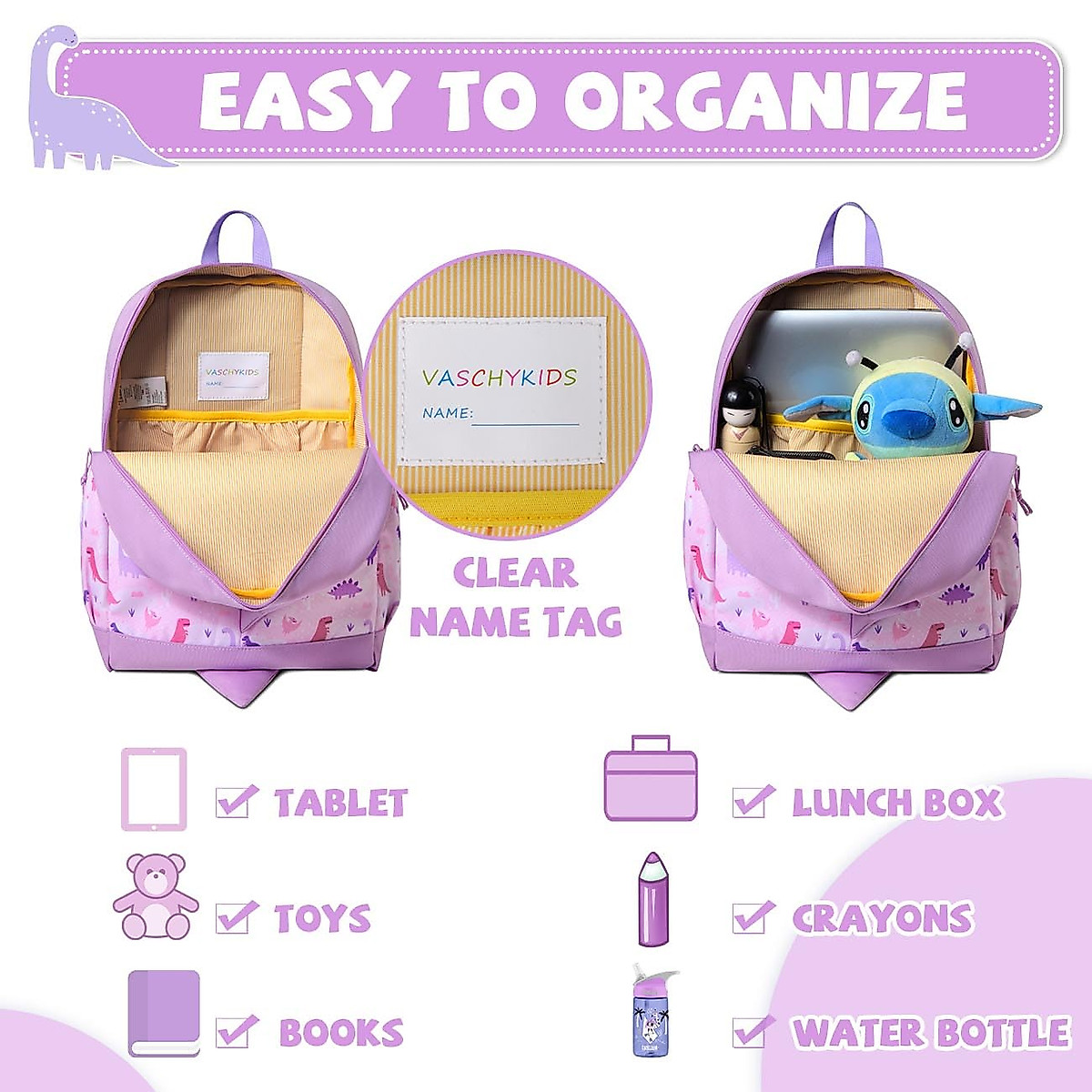 VASCHY Dinosaur Toddler Backpacks, Cute Water Resistant Little Boys Girls Backpack Chest Strap for Kindergarten,Rucksack Schoolbag Bookbag for Kids Pink